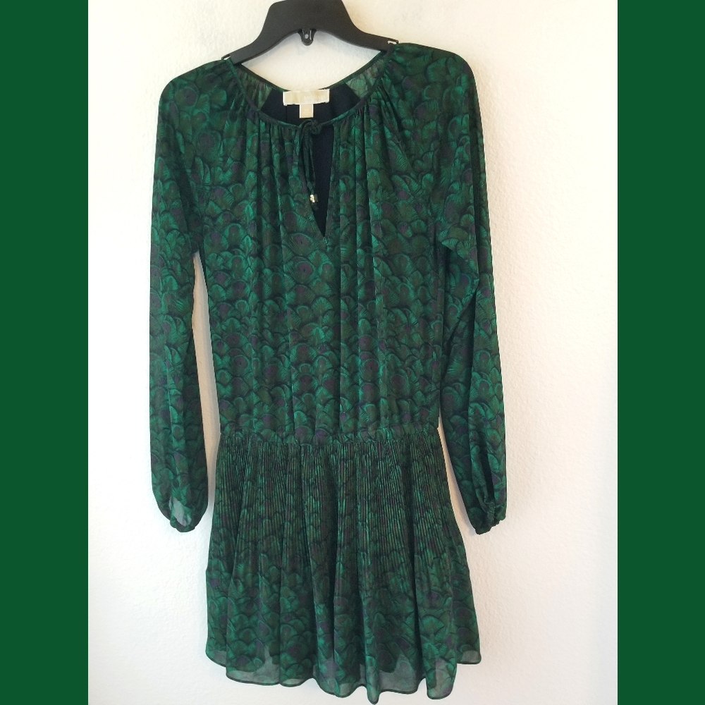Michael Michael Kors Green Peacock Print Dress Xs - Gem